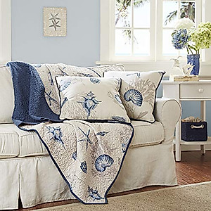 Madison Park Bayside Luxury Oversized Quilted Throw Ivory Navy Blue 60x70 Coastal Premium Soft Cozy Microfiber For Bed, Couch or Sofa