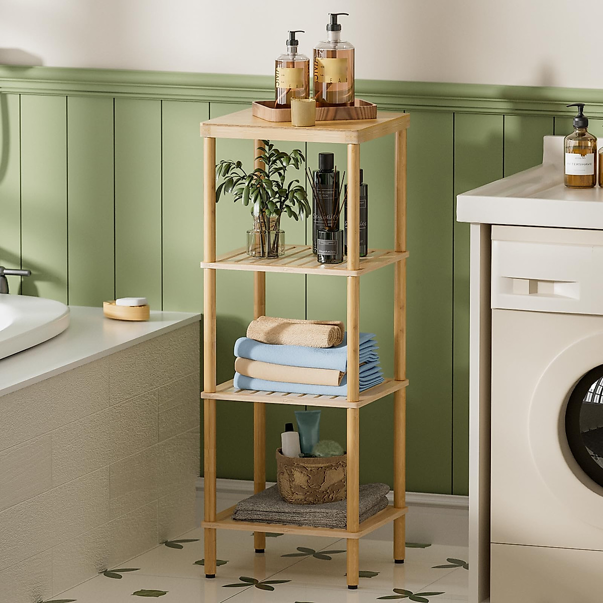 AmazerBath Bamboo Bathroom Shelf, 4-Tier Bathroom Storage Shelf, Multifunctional Storage Rack for Living Room Bedroom Kitchen, Space Saver