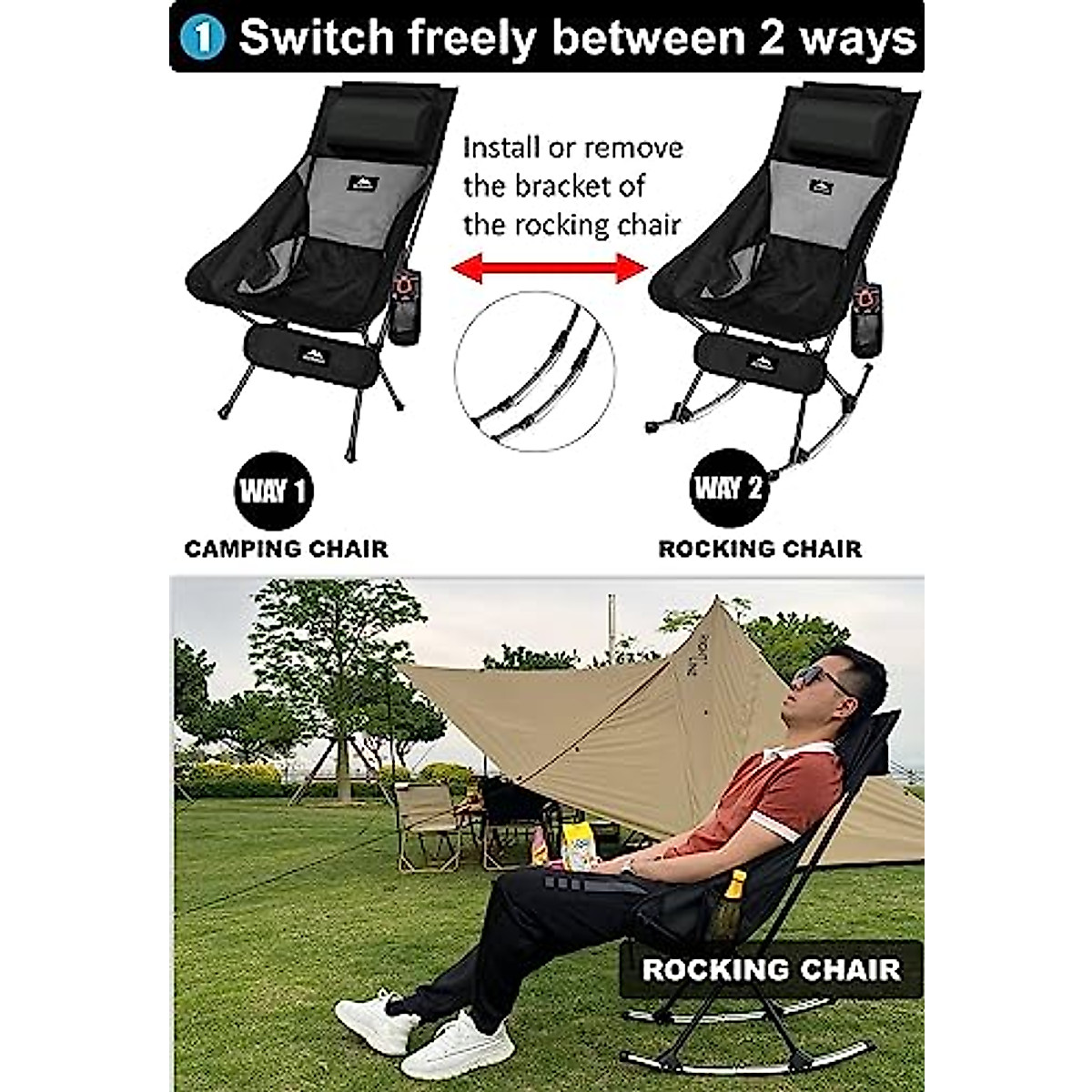 AnYoker Camping Chair, High-Back Compact Backpacking Chair, Portable Folding Chair, Beach Chair with Side Pocket and headrest, Lightweight Hiking Chair 0066YY (Coffee)