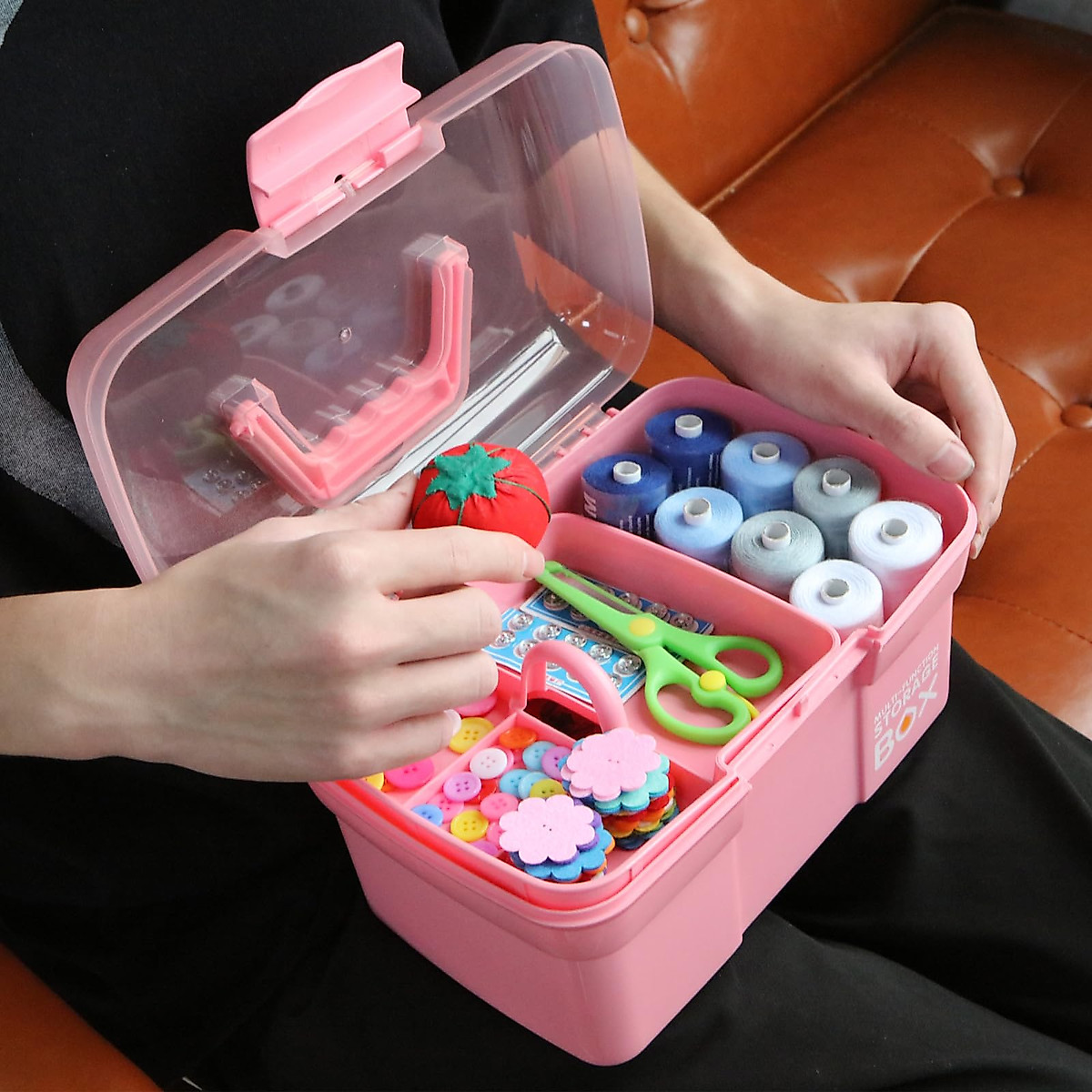 TERGOO 11in Mutipurpose Storage Box Organizer with Removable Tray, Portable Small Craft Box with Handle, Plastic Clear Tool Box Art Case for Makeup, Sewing, Nail, Hair Accessories (Pink)