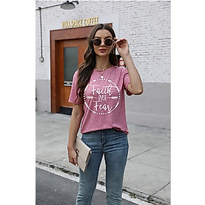 Qrupoad Womens Faith Over Fear T Shirt Summer Casual Christian Religious Inspirational Spiritual Graphic Tees Tops Pink