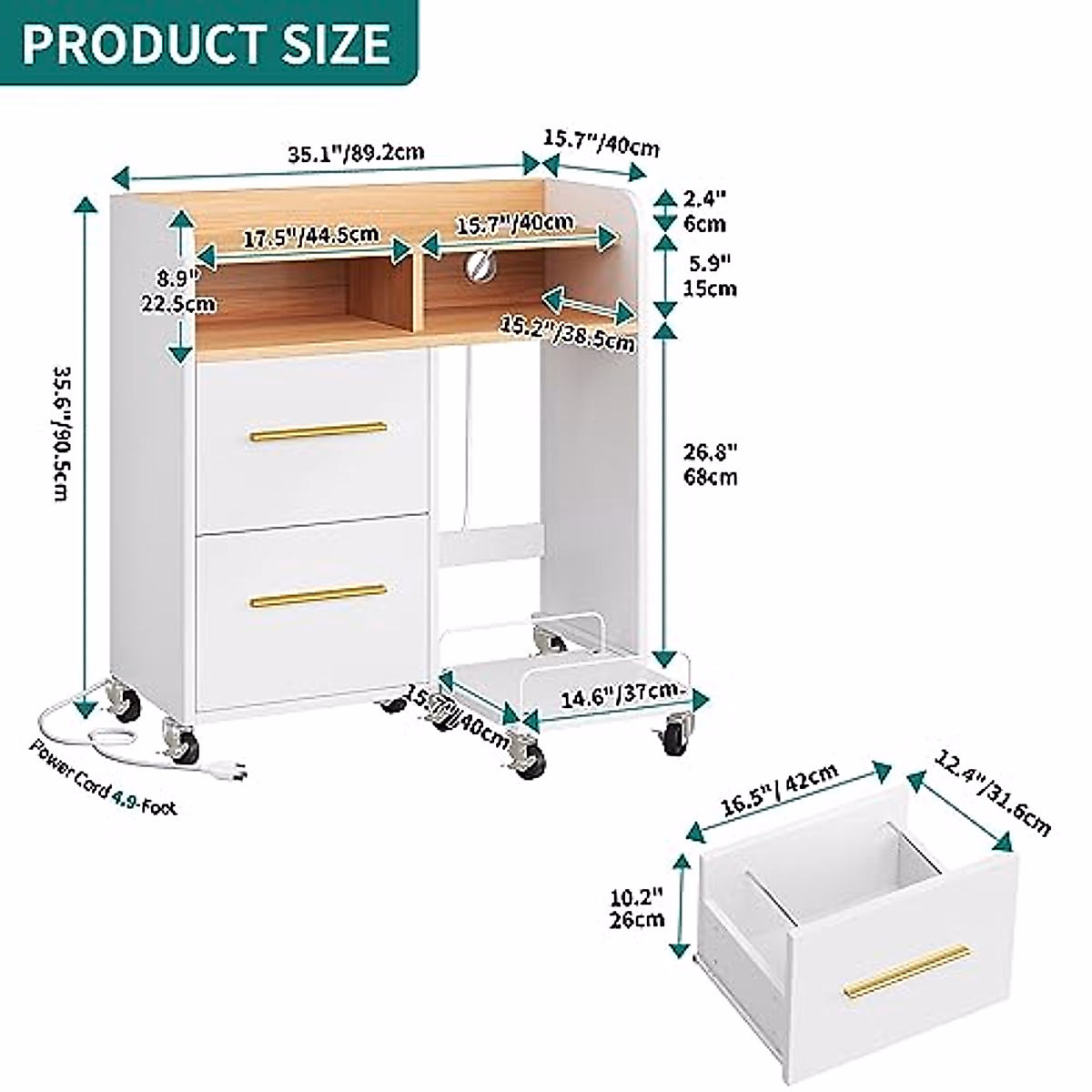 YITAHOME File Cabinet with Charging Station, Printer Table Cabinet for Home Office, Printer Stand Cart, Fits A4, Letter, Legal Size Files, Office Furniture, White