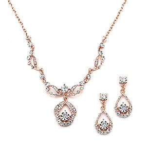 Mariell Rose Gold Vintage Crystal Necklace and Earrings Wedding Jewelry Set for Brides, Bridesmaids, Prom