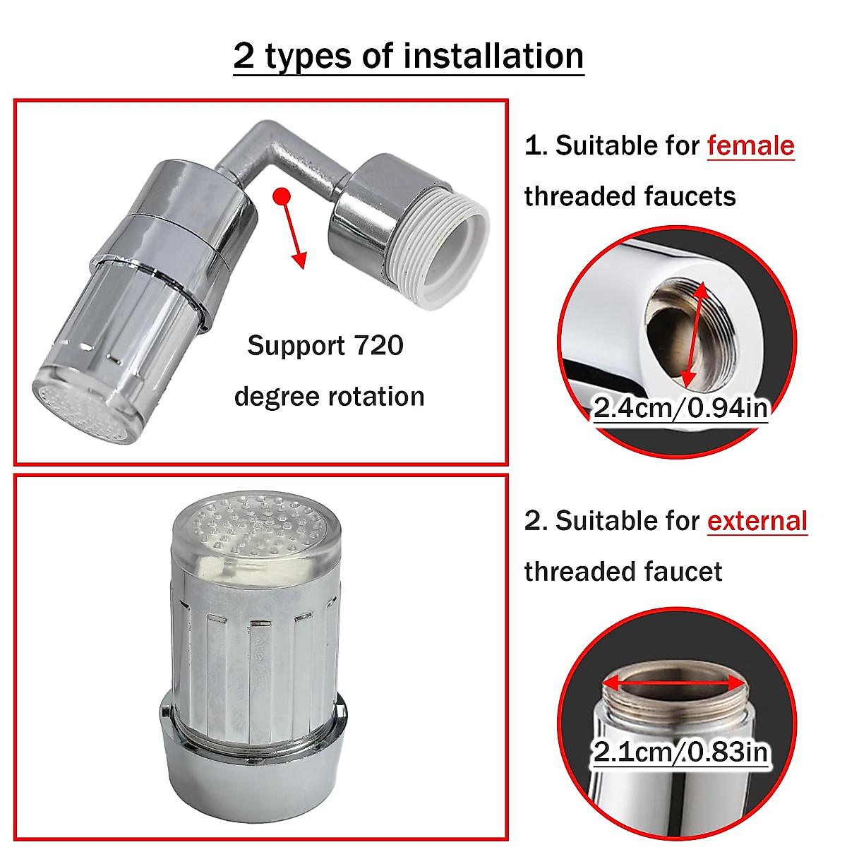 720 Degree Swivel Sink Water Faucet,Universal Light Up Faucet Adapter,3-Color tempeleter Sensor Big Angle Spray Large Flow,Faucet Head Replacement for Kitchen Bathroom Face Washing