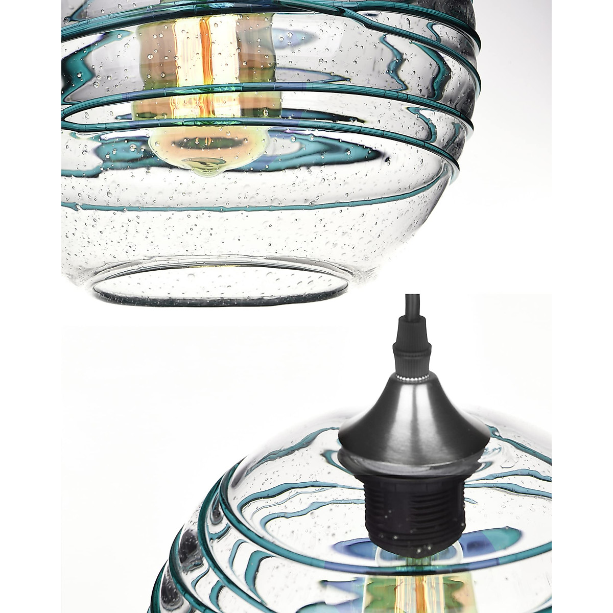 ARIAMOTION Pendant Lights Dining Room Coastal Lighting Fixtures Blue Stripe Seeded Glass Modern Style Ceiling Hanging Kitchen Island Beach House Sunroom Hallway Globe Lamp 9 Inch 2 Pack