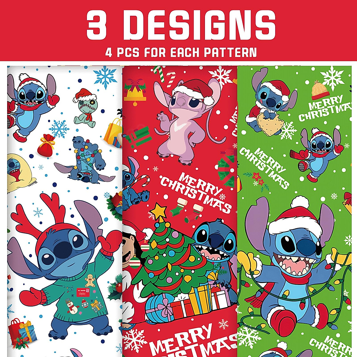 ANYMONYPF 12 Sheets Folded Christmas Wrapping Paper Stitchmas Gift Wrap Bulk Art Paper for Baby Shower Christmas Decorations Xmas Holiday Crafts Gift Packing, 20 x 30 Inch