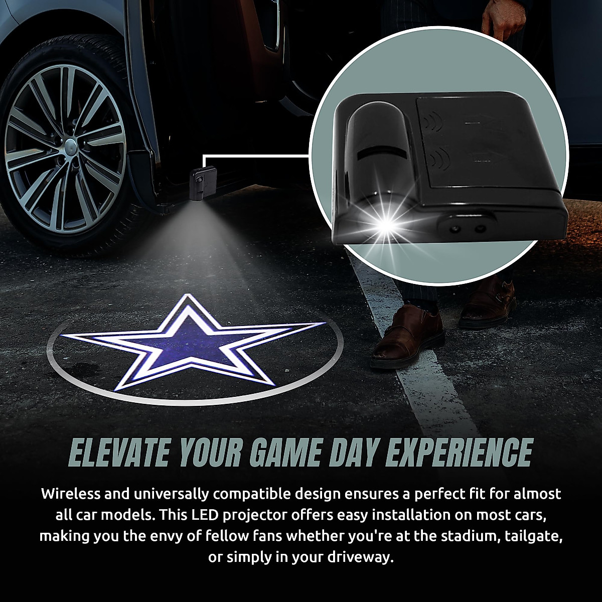 Sporticulture NFL American Football Dallas Cowboys - Led Car Door Light - Wireless Led Projector with One Team Logo Slide - Compatible for Most Car Models - Battery-Operated, 2.5” x 2.5”