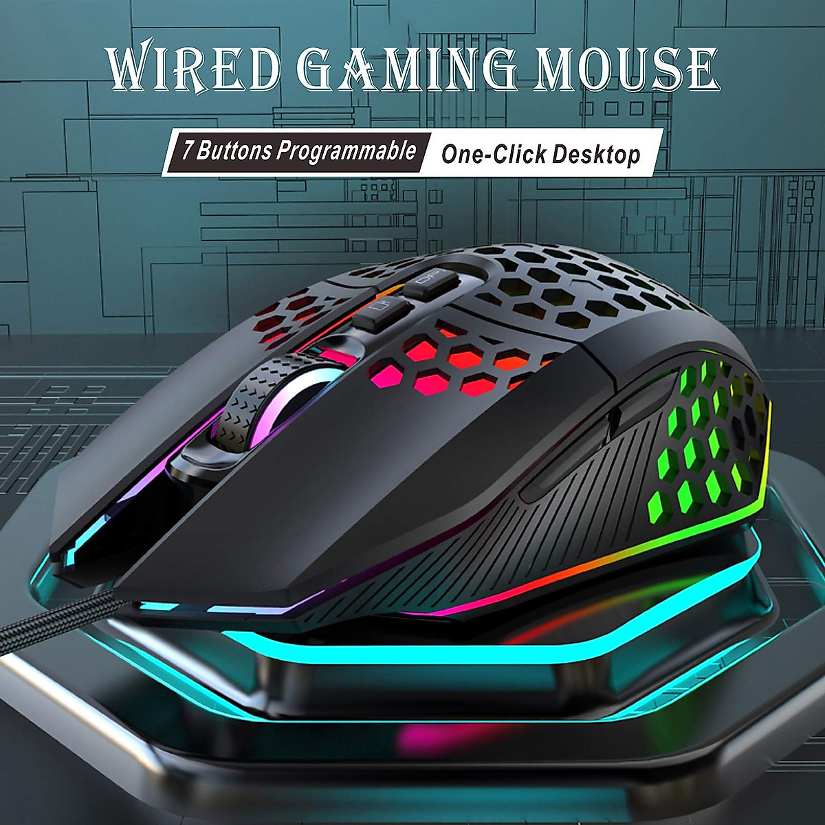 Uiosmuph X801 Wired Gaming Mouse, Honeycomb Lightweight Gaming Mouse with RGB Backlit, 7 Programmable Buttons and One-Click Desktop, 8000 DPI Optical USB Gamer Mouse for Mac, Laptop, Computer - Black