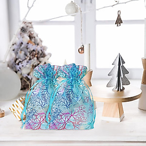 YEKOLEYO 50PCS 5X7 Inches Coral Pattern Organza Drawstring Gift Bags Blue Organza Pouch for Jewelry Candy Chocolate Party Christmas Baby Shower Wedding Favor Gift Bags
