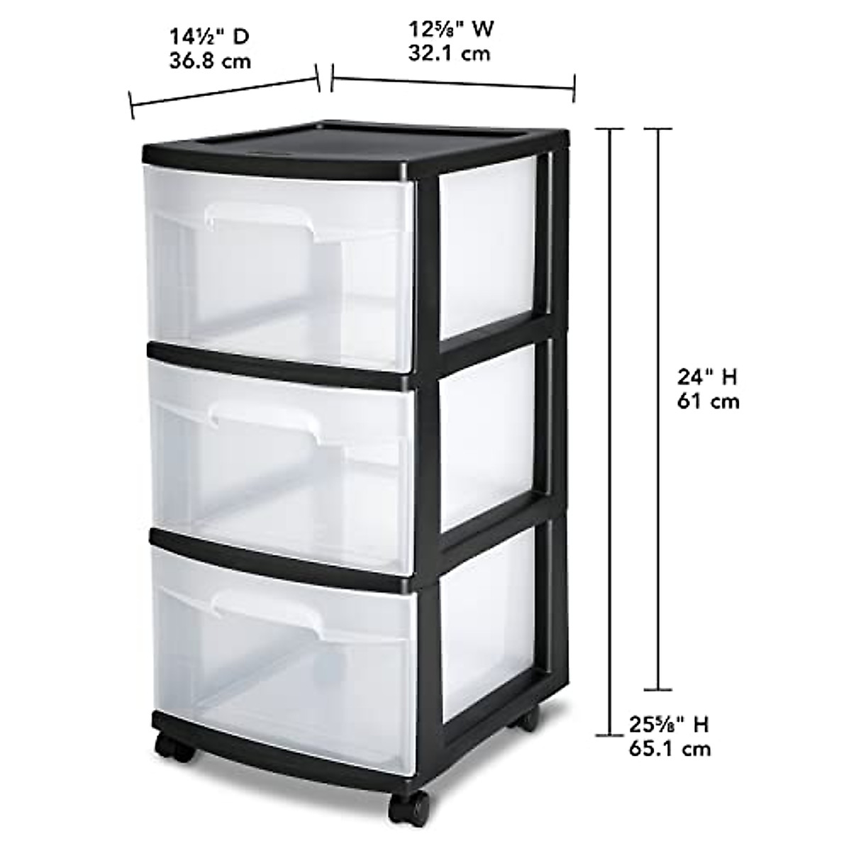 Sterilite 28309002 3 Drawer Cart, Black Frame with Clear Drawers and Black Casters, 2-Pack