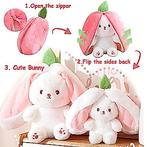 MIAODAM Bunny Stuffed Animal Reversible Cuddle Bunny Stuffed,Strawberry Bunny Transformed Rabbit Plush Zipper,Carrot That Turns Into Ears Bunnies Plushies Toy Cute Stuffy Doll Easter Girlfriend Gift