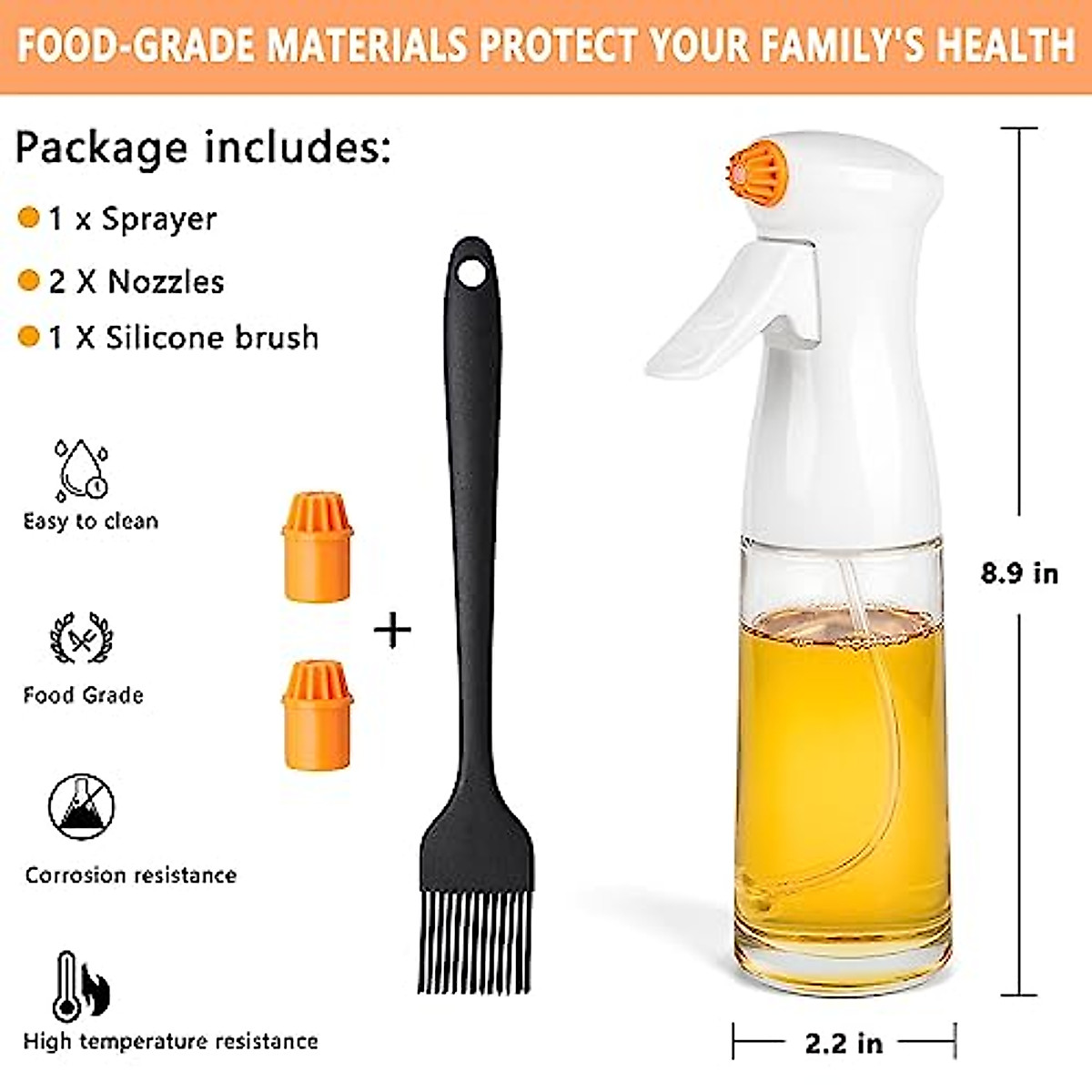 Calicage Olive Oil Sprayer for Cooking 230ml Glass Oil Spray Bottle for Kitchen Reusable Food Grade Oil Mister Spray Bottle for Air Fryer,Salad Making,Baking,BBQ (White)