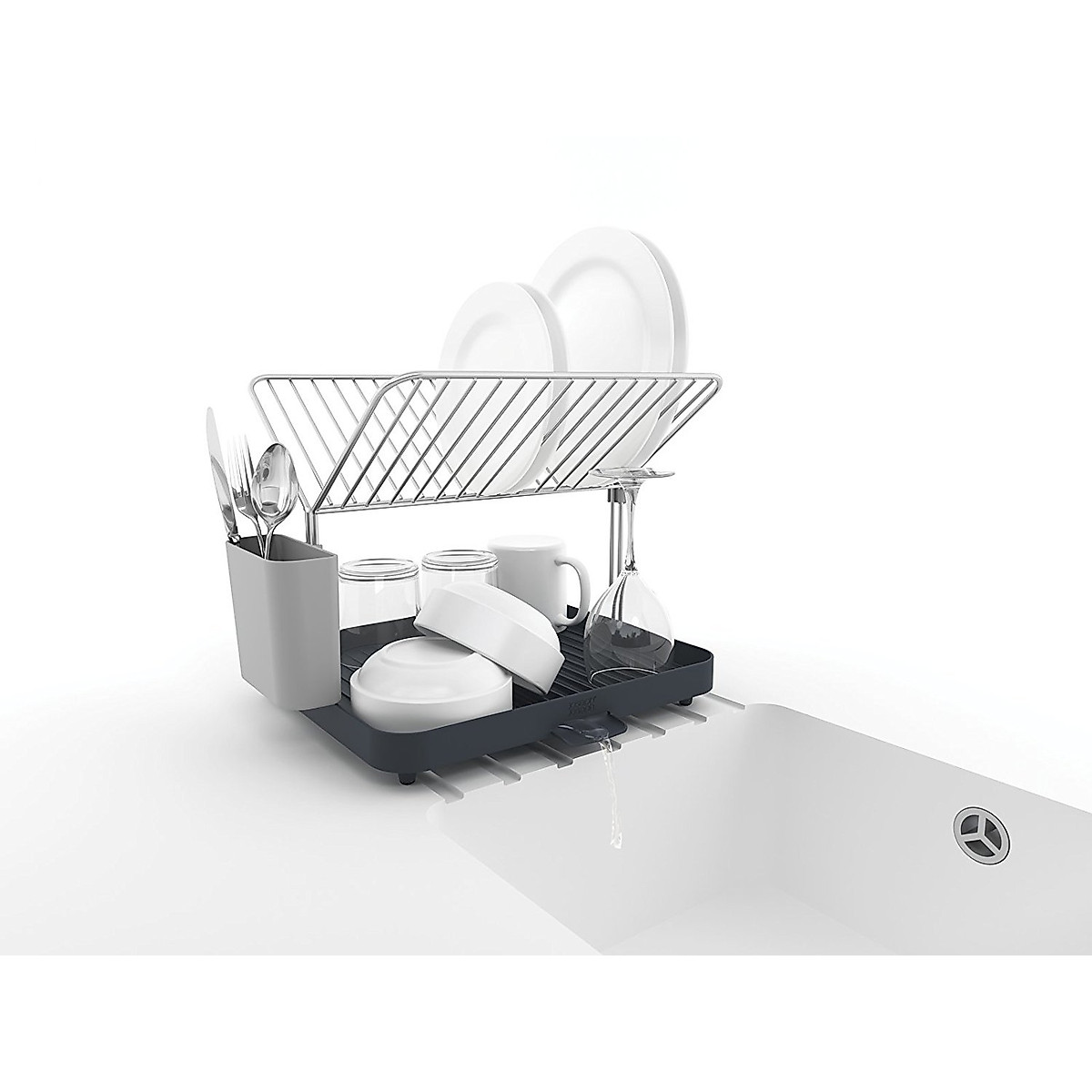 Joseph Joseph Y-Rack Dish Rack and Drain Board Set with Cutlery Organizer Drainer Drying Tray, Large, Gray