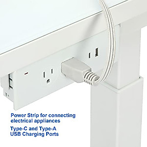 FARRAY Glass Standing Desk with Wireless Charging, 45 x 23 Inch Dual Motor Electric Height Adjustable Desk with Drawer, Touch Control Panel, Power Strip & USB Ports, White Sit Stand Desk