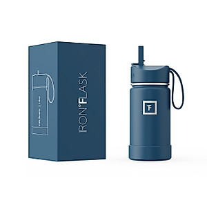 IRON °FLASK Kids Water Bottle - Straw Lid, 20 Name Stickers, Vacuum Insulated Stainless Steel, Double Walled Tumbler Travel Cup, Thermos Mug - Twilight Blue, 14 Oz