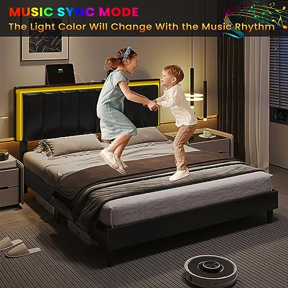 DICTAC Queen Bed Frame with LED Lights Headboard Modern Upholstered Platform LED Bed Frame Faux Leather Low Profile Platform Bed Frame,Wooden Slats Support, No Box Spring Needed, Easy Assembly, Black