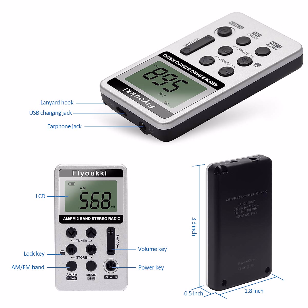 Pocket Small Radio by Flyoukki, Personal Mini AM FM Portable Digital Tuning Transistor Radios with Best Reception, Earphones, Lanyard and Rechargeable Battery for Walking Jogging Exercising (Silver)