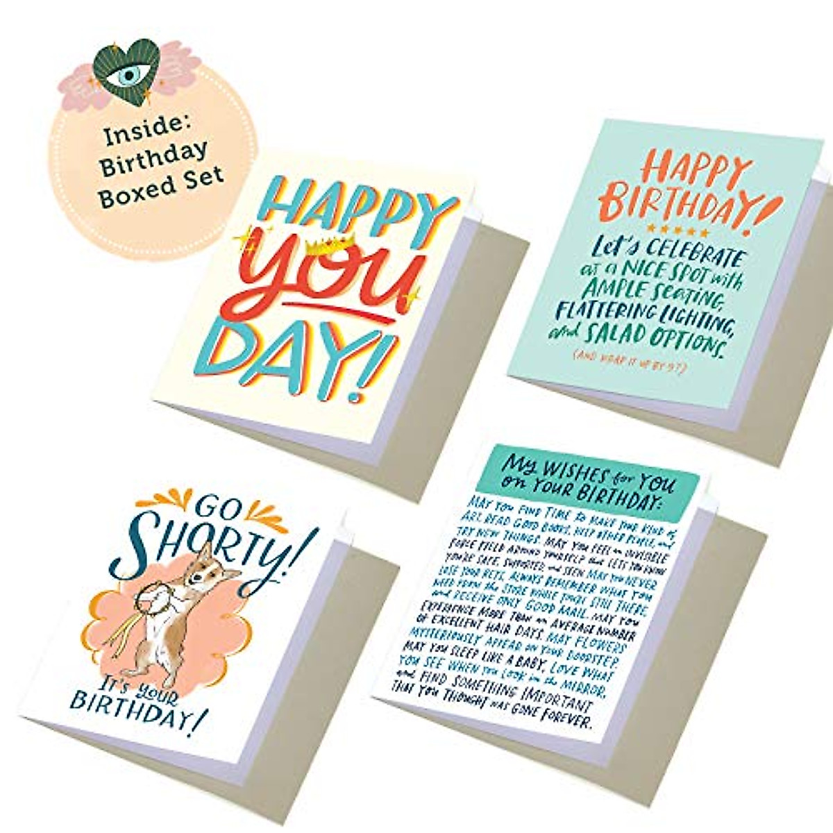 Em & Friends Birthday Cards, Happy Birthday Greeting Cards Illustrated Sayings Blank Inside (Box of 8, Assorted Cards, 2 Each 4 Styles)