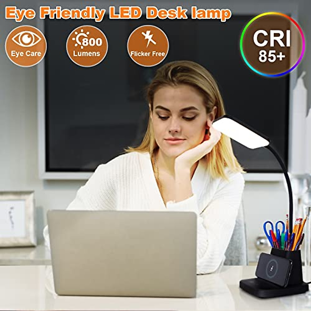 Vicsoon Desk Lamp with Wireless Charger, LED Desk Lamps for Home Office, 800 Lumens, Small Desk Lamp with Pen Holder, Flexible Arm, 3 Modes, Dimming, Touch Lamp for College Dorm Room, with Adapter