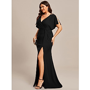 Ever-Pretty Plus Women's V Neck High Slit Hollow Out Sequin Sleeve Mermaid Plus Size Formal Party Dress Black US18