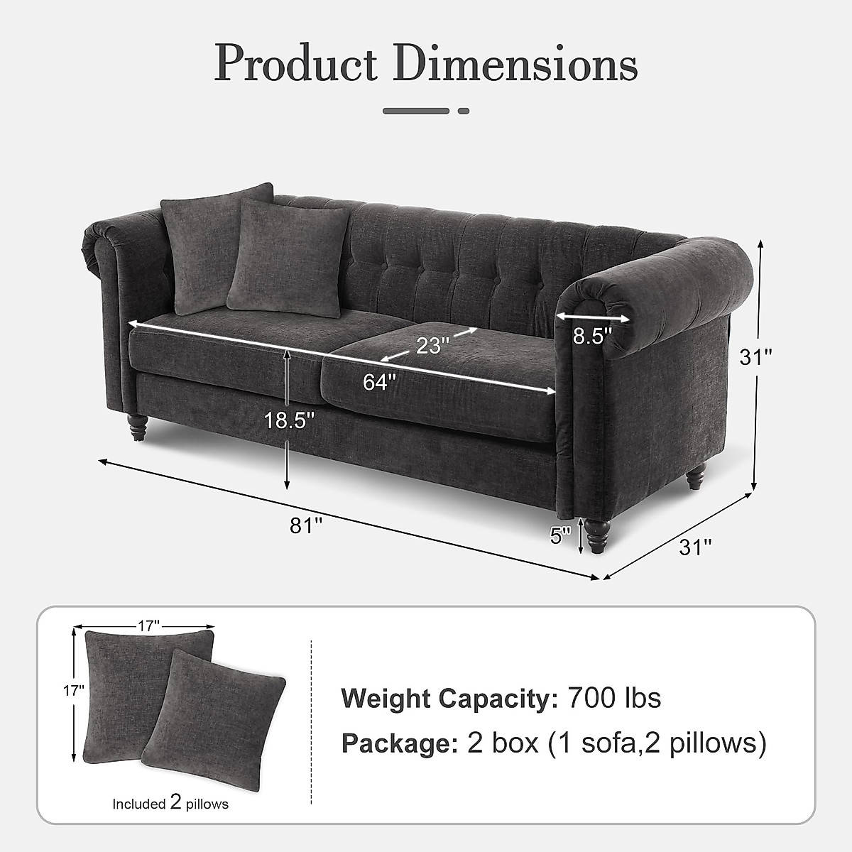 ABCASA 81" Modern Sofa Couch 3 Seater Tufted Chesterfield Sofa for Living Room Chenille Grey(23 Deep Seat)