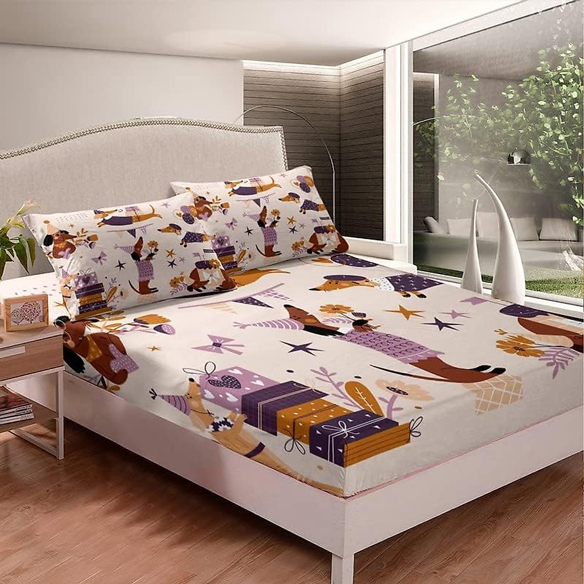 Dachshund Kids Sheet Set Sausage Dog Bed Sheets Set for Boys Children Teens Bedroom Decor Cute Puppy Dog Sheets with Deep Pocket Fitted Sheet Happy Festival Bedding Set Queen Size with 2 Pillow Case