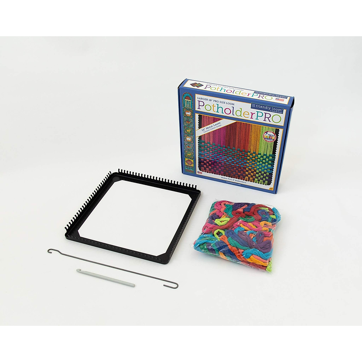 Friendly Loom 10" PRO Size Black Potholder Metal Loom Kit with Bright Rainbow Color Cotton Loops to Make 2 Potholders, Weaving Crafts for Kids & Adults MADE IN THE USA by Harrisville Designs