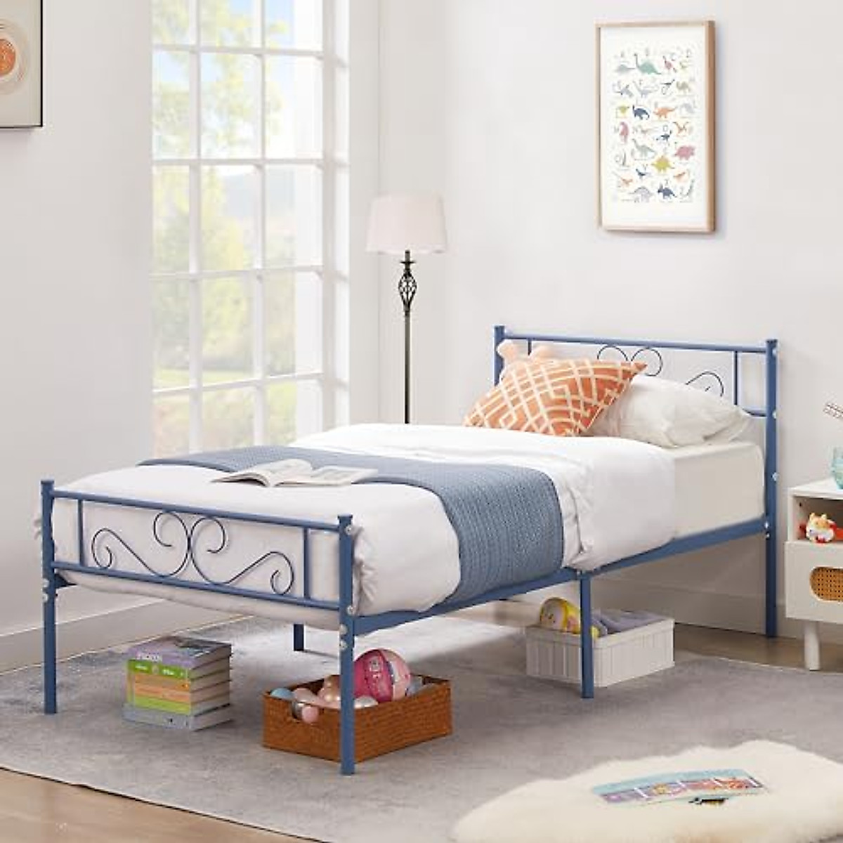 VECELO Twin Size Bed Frame with Headboard, 14 Inch Metal Platform Mattress Foundation, No Boxing Spring Needed, Squeak Resistant, Easy Assembly, Sky Blue