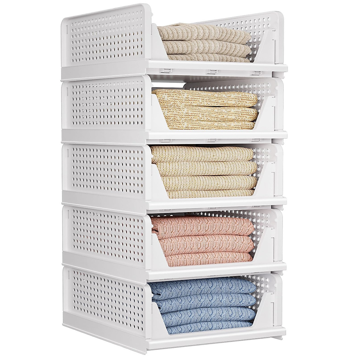5 Pack Folding Closet Organizers Storage Box, Stackable Storage Bins, Plastic Drawer Basket Closet Storage for Wardrobe Cupboard Kitchen Bathroom Office White-5L