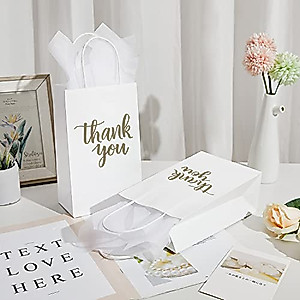 DjinnGlory 50 Pack Small White Thank You Paper Gift Bags with Handles and 24 Sheets Tissue Paper for Small Business, Shopping, Wedding, Baby Shower, Party Favors (Small 9''x5.5''x3.15'', White)