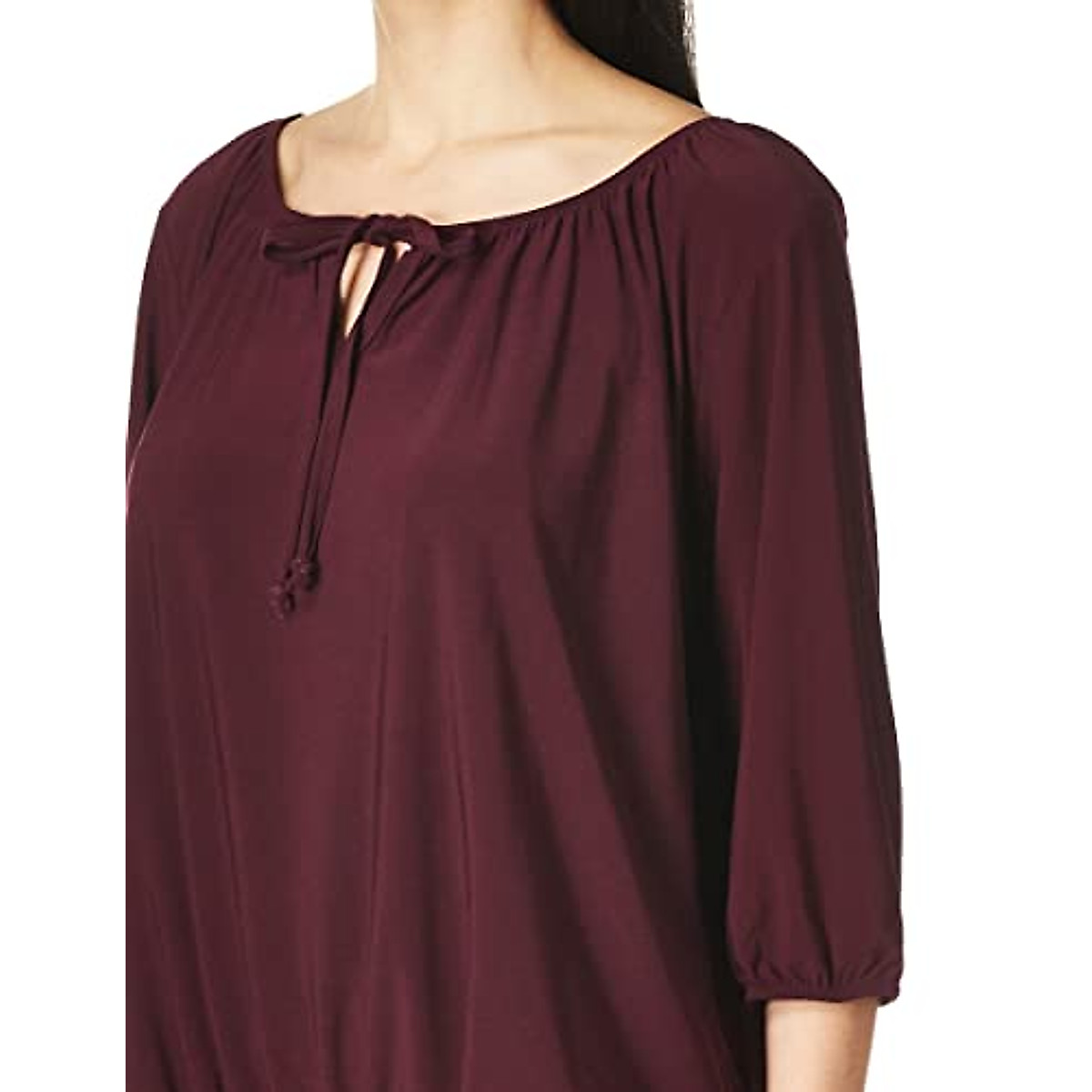 Star Vixen Women's Plus-Size 3/4 Sleeve Peasant Elastic-Hem Keyhole-Tie Top, Plum, 2X