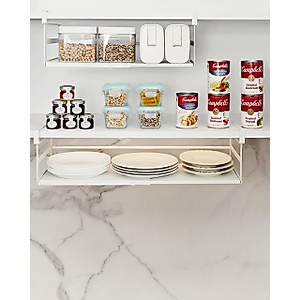 Selosiz Under Shelf Storage Basket Expandable Organizer, 2 Pack Hanging Baskets Under Cabinet Shelf, Add-on Space Saver Pantry Kitchen Cupboard Desk Counter Bookshelf, Heavy-Duty Slide-in White