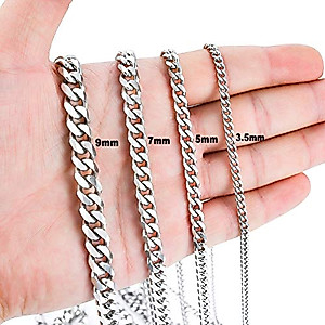 Sunling Solid Stainless Steel Cuban Chain Necklace For Men and Women Waterproof Curb Link Necklace Chain-Widths 3.5mm 5mm 7mm 9mm-Chain Lengths 16"-36"