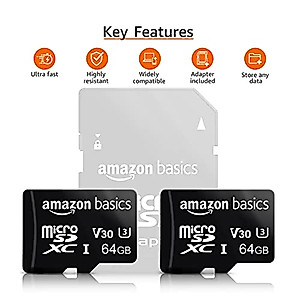 Amazon Basics microSDXC Memory Card with Full Size Adapter, A2, U3, Read Speed up to 100 MB/s, 64 GB - Pack of 2