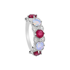 October Birthstone Natural Red Ruby Cut Opal Gemstone 925 Sterling Silver Cluster Proposal Ring Wedding Jewelry Bridal Ring Birthday Gift For Wife (Yellow Gold Rhodium Plated Silver, 8.5)