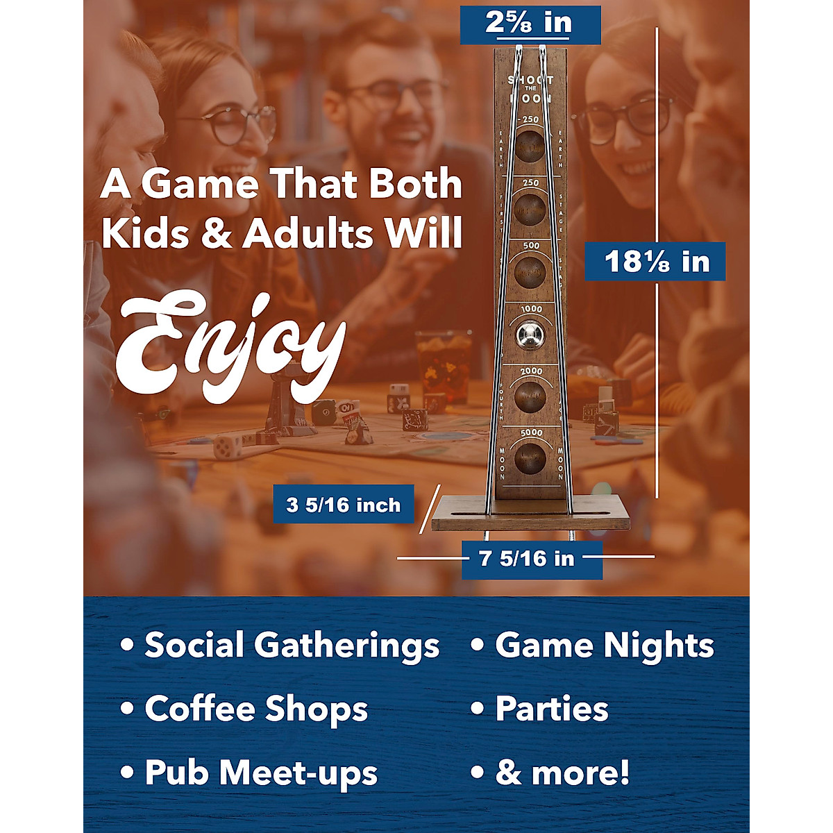 WE Games Shoot The Moon Game, Large 18 inches, Walnut Stained Solid Wood Board with Metal Ball and Rods, Retro Balancing Game for Family and Bar