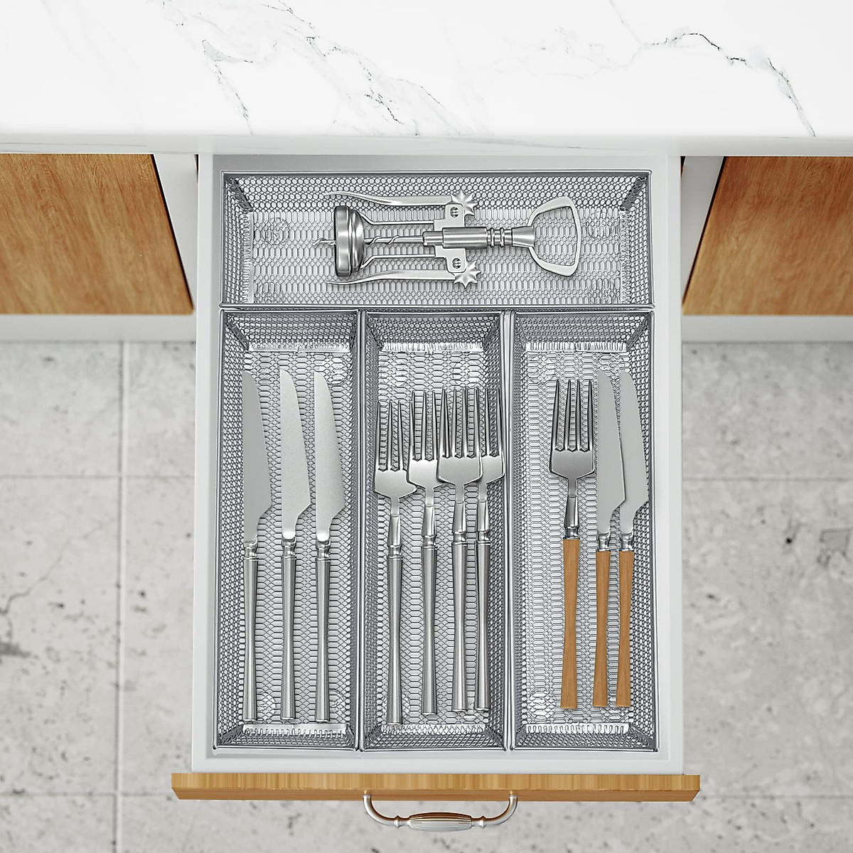 Neudeco Mesh Drawer Organizer, Silverware Organizer for Kitchen Drawer?Utensil Metal Organizer for Flatware, Knives, Cosmetic (Silver 9 * 3 * 2 inch Pack6)