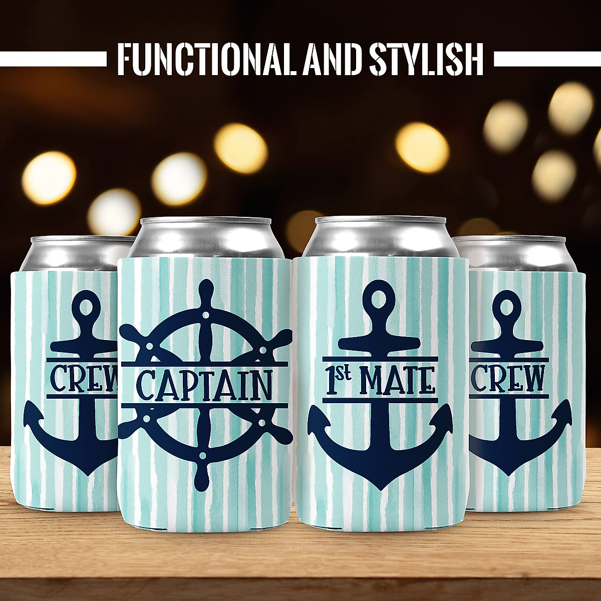 The Navy Knot Personalized Can Cooler Sleeves - Slim Cans Beverage Foldable Cooler Sleeves, Sweat-Proof Can Huggers for 12oz Beverage Bottles, Cool Boat Accessories, 4 Pk (Nautical Captain & Crew)