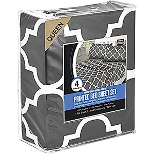 Utopia Bedding Queen Sheet Set, Soft Microfiber 4 Piece Bed Sheets with 16" Deep Pocket - Easy Care Brushed Microfiber (Quatrefoil - Grey)