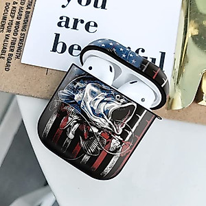 Fishing American Flag USA Bass Fish for AirPods Case Cover for Airpods 1&2, Wireless/Wired Charging Protective AirPods Case with Keychain Black