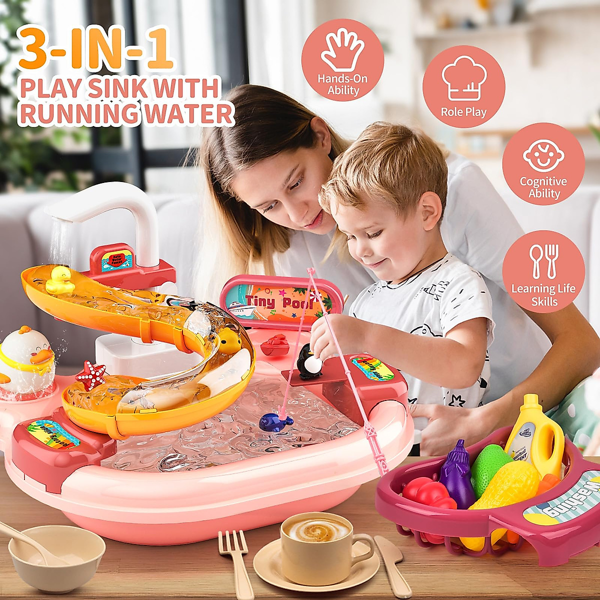 LEWANT Play Sink with Running Water, Kids Kitchen Sink & Fishing Playset with Electric Faucet, Toy Kitchen Accessories, Play Food, Pretend Role Playset for Toddler Girls Birthday Gifts