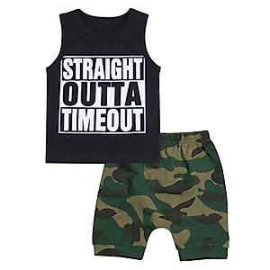 waliwali Toddler Infant Baby Boy Clothes Straight Outta Timeout Vest +Camouflage Shorts Outfit Set(18-24Months(100))
