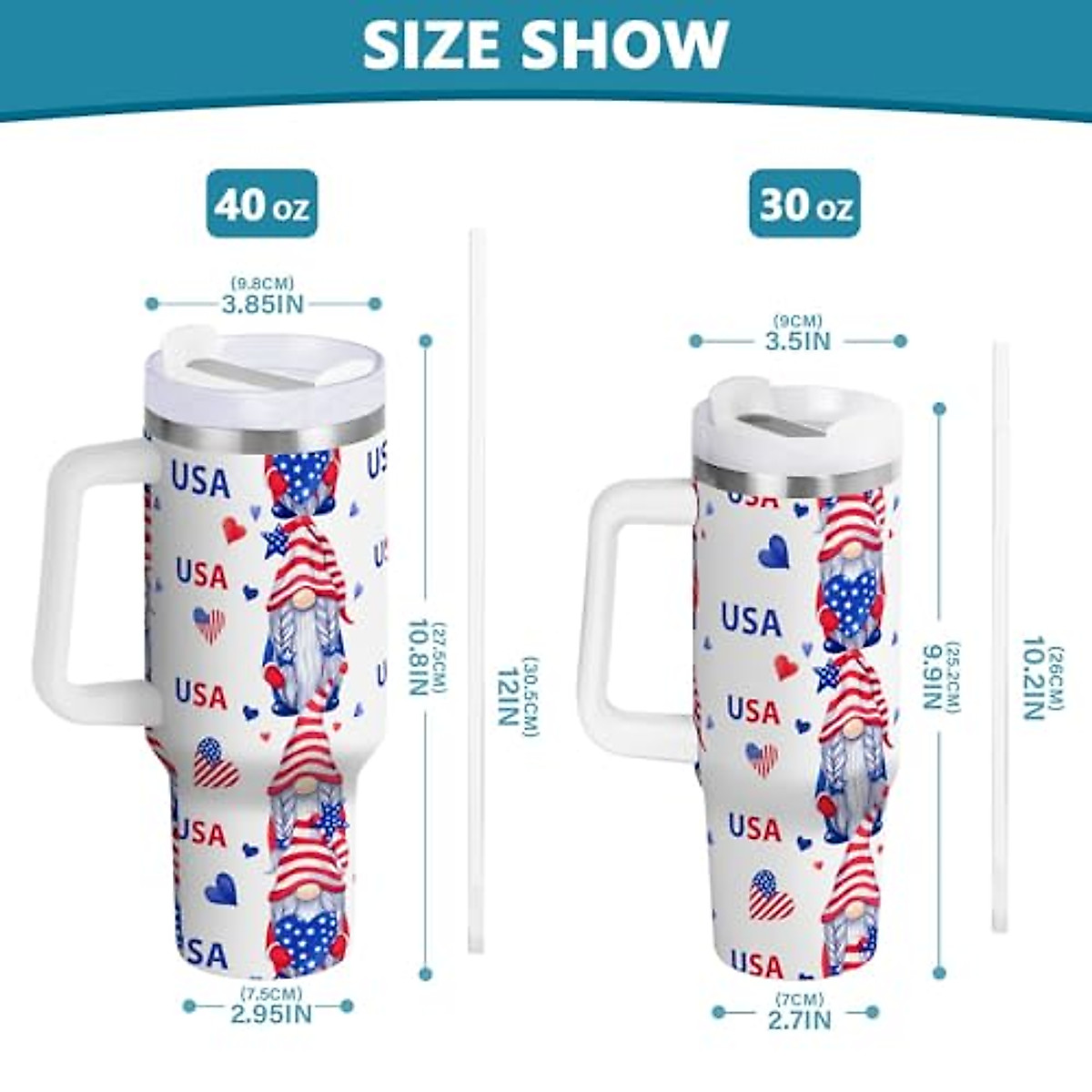 ODAWA Large Fall Insulated Tumbler with Lid and Straw, Cute Gnomes Usa Flag Double Wall Insulated Tumbler