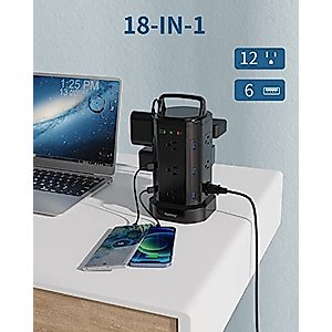 Power Strip Surge Protector Tower 2100J, SUPERDANNY Extension Cord with Multiple Outlets, 12 AC 6 USB Charging Station, Handle Cord Retracting, 6.5ft Overload Protection for Garage, Workbench, Black