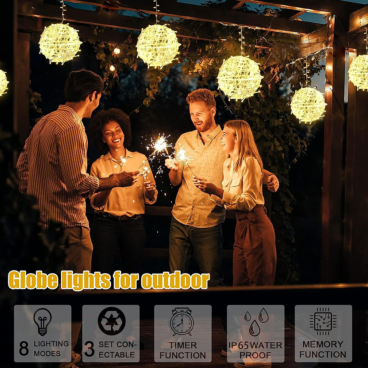 Outdoor Balls Lights Hanging Tree Garden Lights 4 Pack 7.87" Sphere Lights with Plug in Globe Lights Trees Garden Lights for Party Wedding Yard Garden Porch Patio Decoration(Warm White)