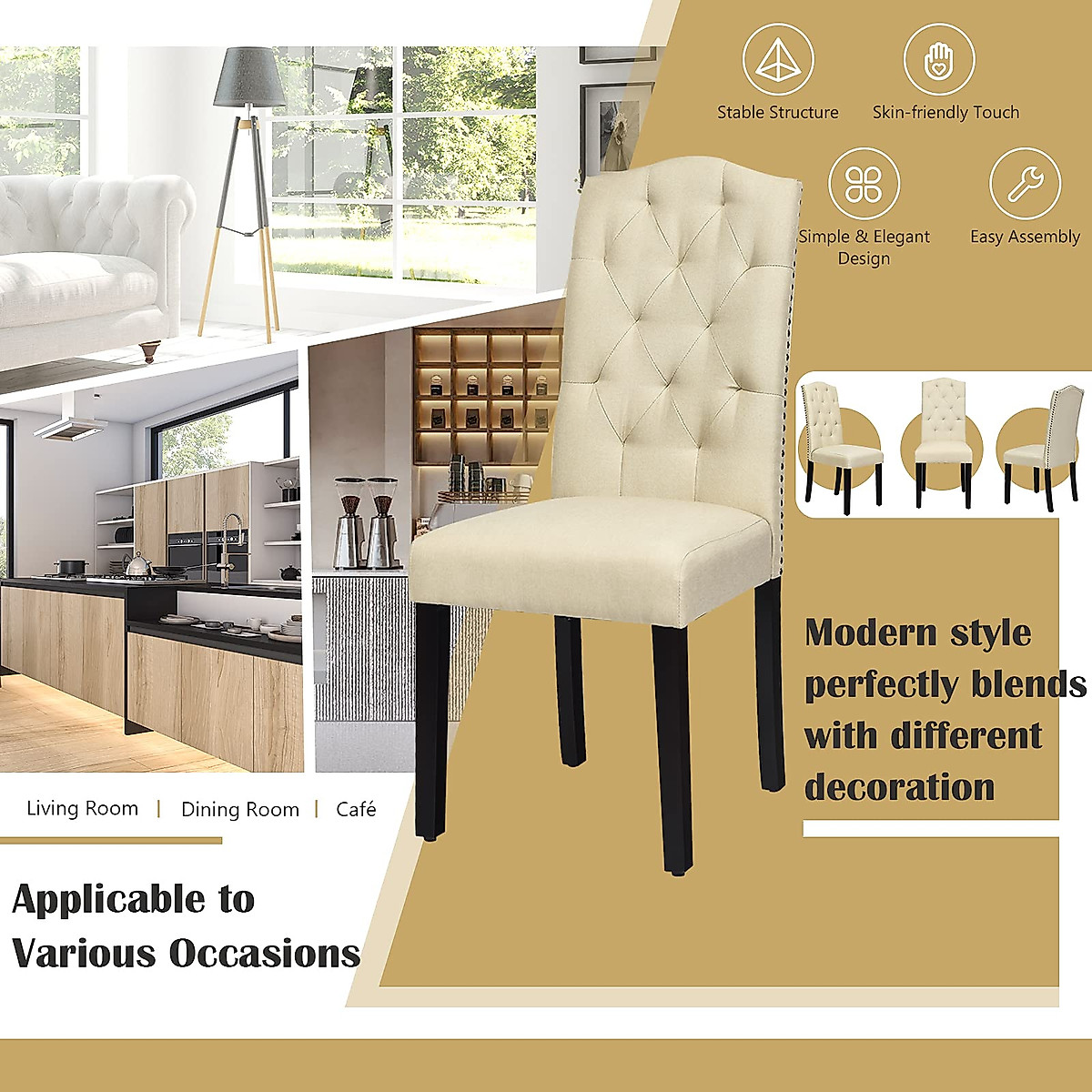 GORELAX Fabric Dining Chairs Set of 4, Modern Upholstered Dining Chair w/Solid Wood Leg, Adjustable Foot Pad, Tufted Kitchen Chairs for Farmhouse, Restaurant (Set of 4, Beige)