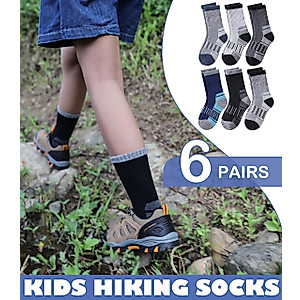 LINEMIN Kids Merino Wool Hiking Socks Toddlers Boys Girls Winter Warm Thick Thermal Boot Cushion Crew Socks 6 Pairs (8-12 Years, Mix Color Hiking Socks)