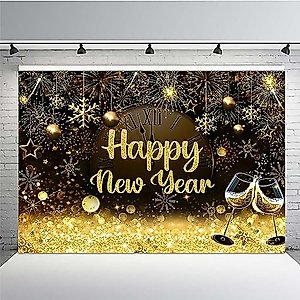 Mehofond 7x5ft Happy New Year Black and Gold Backdrop Countdown 2024 New Year Eve Snowflake Gold Gliter Background Champagne Party Banner Decoration Supplies Photo Booth Props