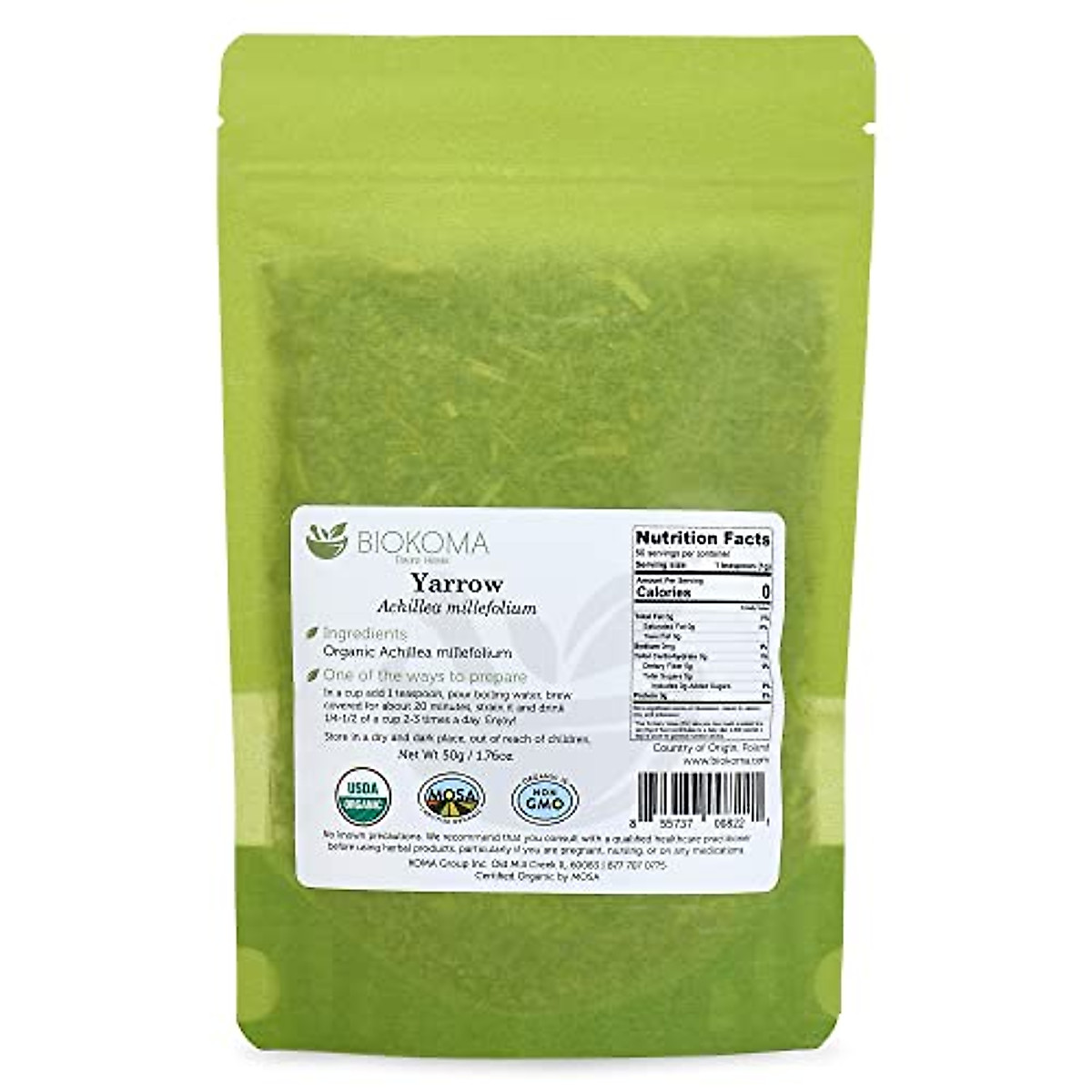 Pure and Organic Biokoma Yarrow Dried Herb 50g (1.76oz) In Resealable Moisture Proof Pouch