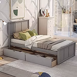P PURLOVE Twin Size Platform Bed with Two Drawers, Twin Size Storage Bed Frame,Wood Platform Bed with Headboard with Slat Support, No Box Spring Need,Gray